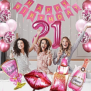 Crenics 21st Birthday Decorations for Her - Hot Pink Happy Birthday Banner, Pom Poms, 21 Number Balloon, Lipstick Champagne Balloons and 24 Latex Balloons for 21st Girls Women Birthday Party Supplies