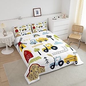 Tractor Comforter Set Cartoon Farm Tractor Down Duvet for Kids Boys Girls Truck Car Bedding Set Harvester Farmhouse Carton Comforter 1 Comforter Set with 2 Pillowcases Full Size