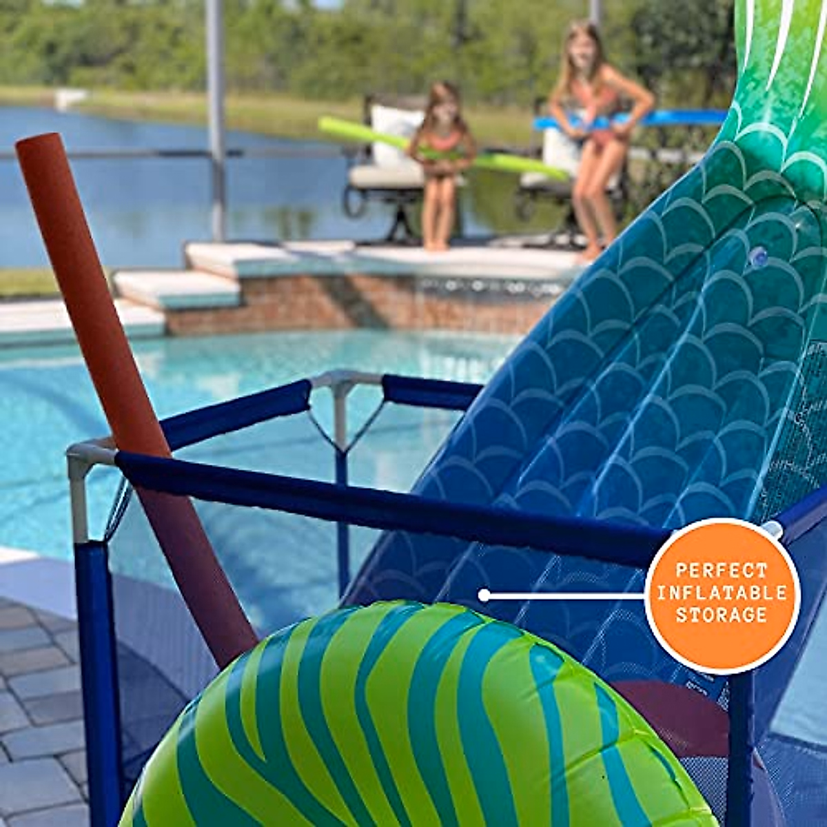 KITLIFE Pool Storage Bin – Rolling Poolside Mesh Container for Toys – Waterproof, UV Resistant Outdoor Organizer Box with Bonus Mesh Bag, Medium Size 36 x 36 x 24", Bonus Mesh Bag Included Blue