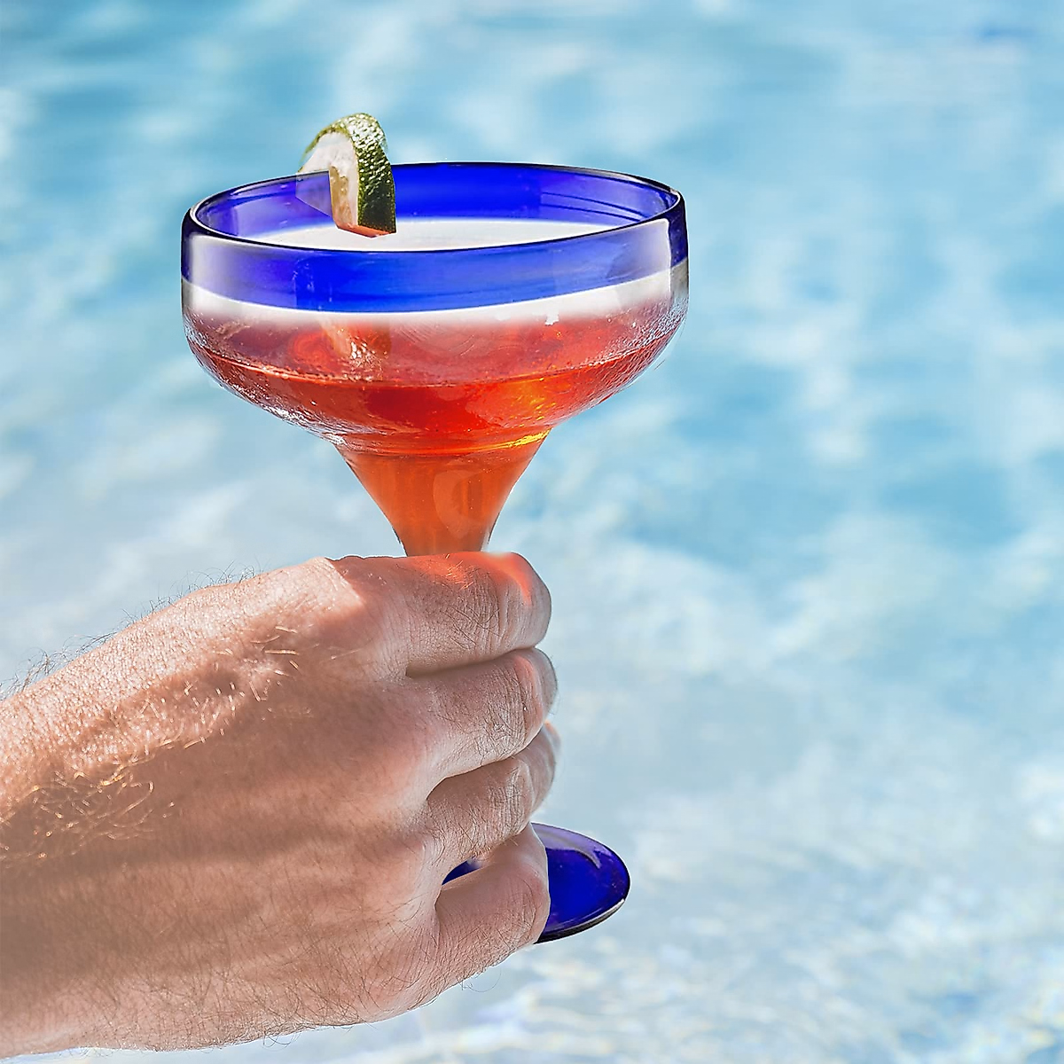 Mexican Hand Blown Glass – Set of 4 Large 16oz, Cobalt Blue Rim Line, Luxury Margarita & Cocktail Glasses, Mexico Design Large 16oz Cobalt Cinco de Mayo - The Wine Savant, Dishwasher Safe Glassware