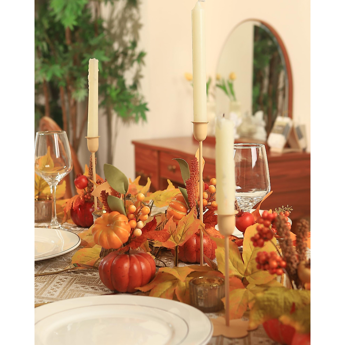 DN DECONATION Thanksgiving Decorations Set of 6 Artificial Pumpkin Decor, Decorative Pumpkin with Maple Leaves Berry for Harvest Fall Decor Table Centerpiece Home Kitchen Party