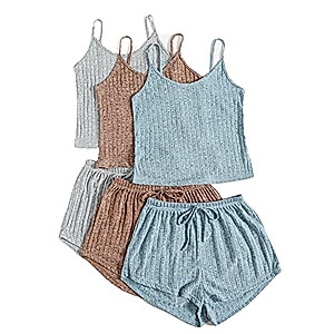 SheIn Women's 3 Sets Rib Knit Lounge Set Crop Cami Top and Tie Front Shorts Sleepwear Pajama Set Multicoloured Medium