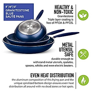 Granitestone 3 Pc Non Stick Frying Pans Set, Nonstick Frying Pans Nonstick 8/10 / 12 Inch Pan Skillets for Cooking with Stay Cool Handles, Induction Cookware, Dishwasher/Oven Safe, Non Toxic - Blue