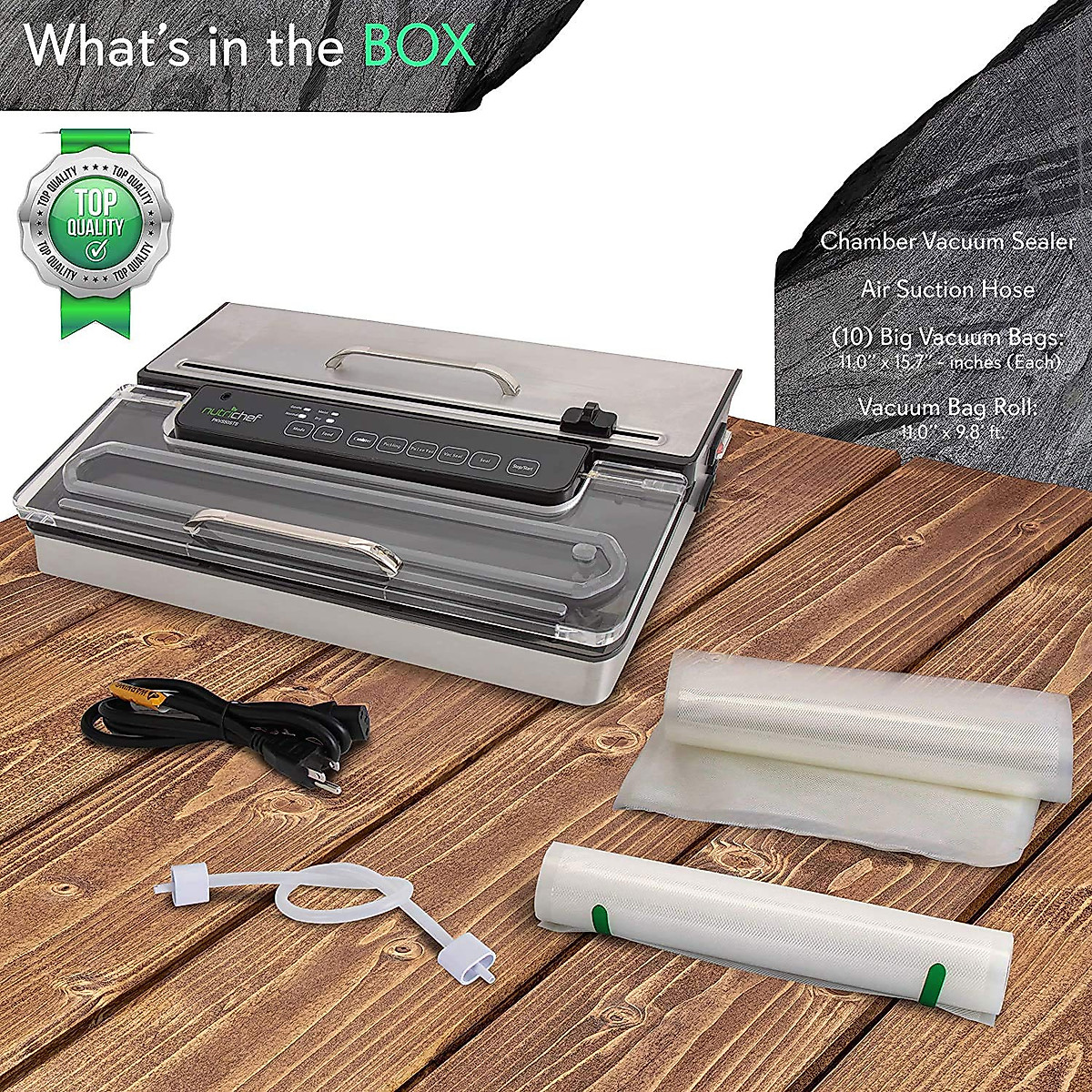 NutriChef PKVS50STS Commercial Grade Vacuum Sealer Machine-400W Automatic Double Piston Pump Air Machine Meat Packing Storage Preservation Sous Vide w/Dry Wet Seal, Vac Roll Bags, Extra Large, Silver