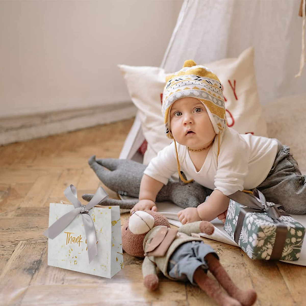 30PCS Small Thank You Bags,Mini Thank You Gift Bags Paper Party Favor Bag with Bow Ribbon,Gift Bags Small Size for Birthday Baby Shower Wedding Favor