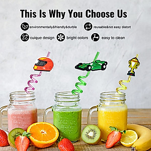 24 Race Car Reusable Straws Kids Party Favors Birthday Two Fast Party Supplies Favors Drink Markers with 2 PCS Cleaning Brushes