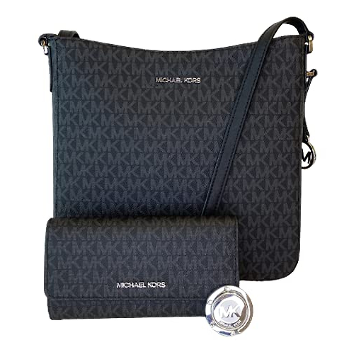 Michael Kors MICHAEL Michael Kors Jet Set Travel Large Messenger Crossbody bundle with Trifold Wallet Purse Hook (Signature MK Black)