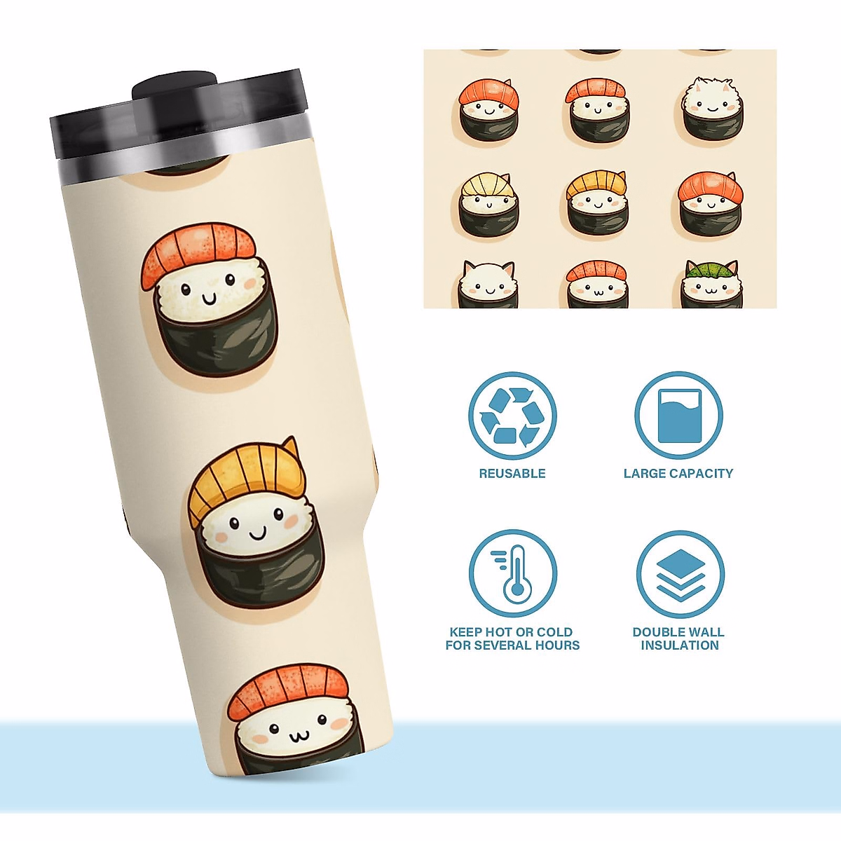 Selerdon 40 oz Tumbler Cute Sushi with Handle and Straw Lid Vacuum Stainless Steel Insulated Water Bottle Travel Mug Car Cup Holder Friendly BPA Free for Gym Travel Office