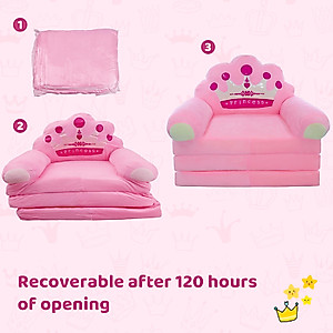 PLYFOU Kids Fold Out Couch, Couch for Toddlers 1-3, 2-in-1 Foldable Princess Chair for Toddlers, Mini Couch for Kids Reading and Napping, Idea for Girls, Pink