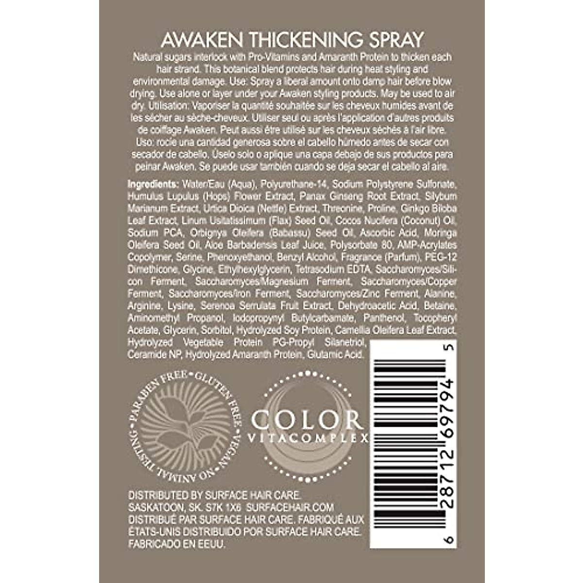 Surface Hair Awaken Thickening Spray, Pre-Style Conditioning and Protection, 4 Fl. Oz.