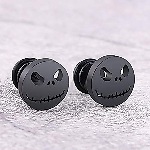 2 Pairs Set Halloween Stud Stainless Steel Jack Skellington Cut-Out Round Circle Button Stud Piercing Jewelry with Jack Skellington Face Post Earrings Add Horror Halloween Atmosphere for Men Unisex(A)
