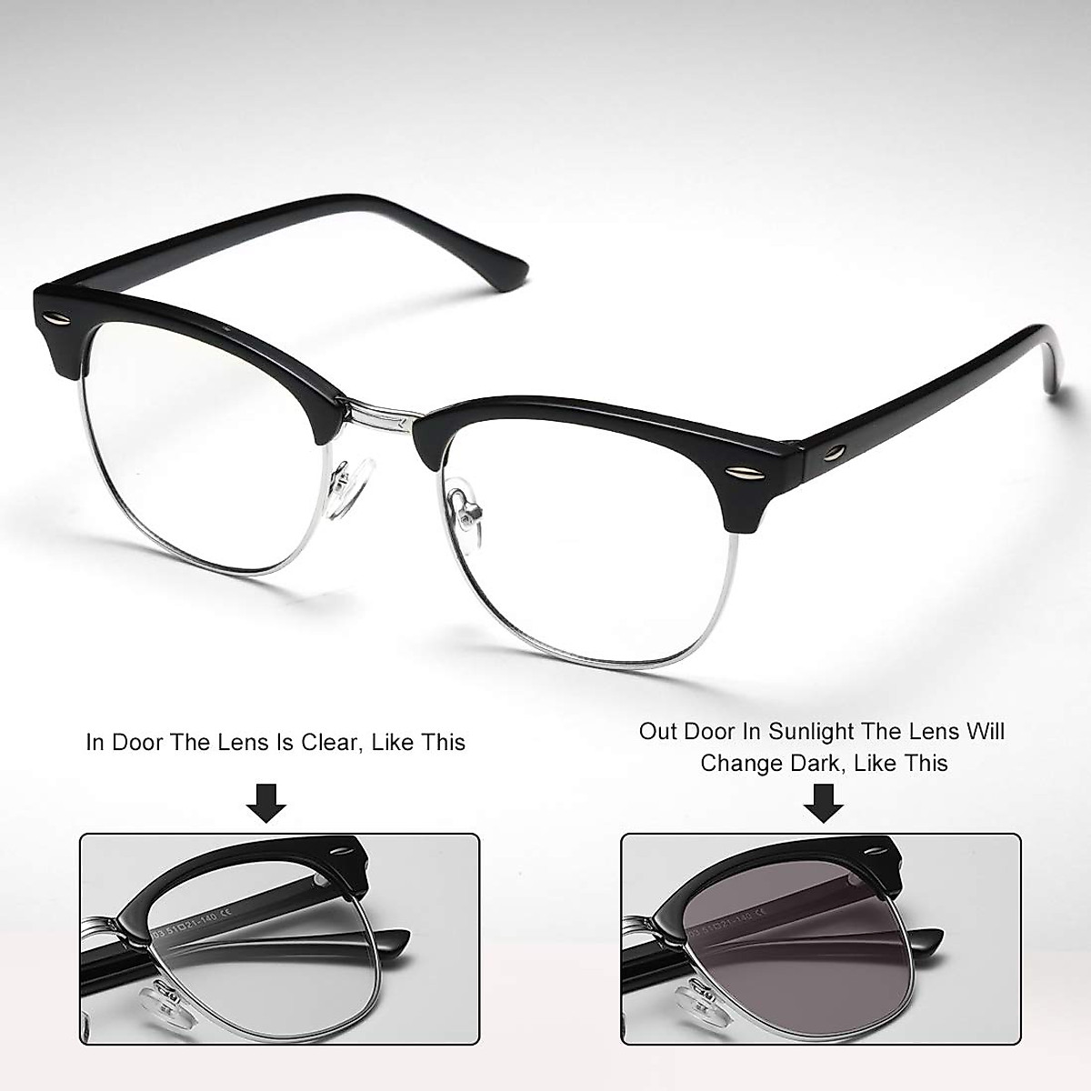 kimorn Photochromic Blue Light Blocking Glasses Semi Rimless Frame Filter Blue Ray Computer Game Eyewear KS101 (Glossy Black Silver Frame/Photochromic Lenses)