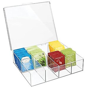 mDesign Tea Storage Organizer Box - 8 Divided Sections, Easy-View Hinged Lid - Use in Kitchen, Pantry, and Cabinets; Holder for Tea Bags, Packets, Small Items and Accessories, BPA free - Clear
