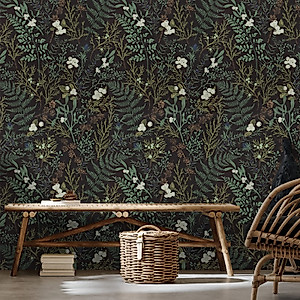 VaryPaper 17.7''x118'' Tropical Moss Leaf Peel and Stick Wallpaper Black Floral Self Adhesive Removable Contact Paper Decorative for Bedroom Walls Cabinets Shelves