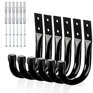 KURUI Heavy Duty Garage Hooks for Hanging, 6Pcs Large Garage Storage Hooks for Extension Cord Tool Cable, Black Wall Mount J Utility Hooks with Wall Anchors and Screws