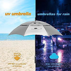 Fulynmen 62Inch UPF50+ Uv Umbrella Uv Blocker Large Golf Umbrella, Auto Open Extra Large Sun Umbrella Uv Protection Double Canopy Vented Windproof Waterproof Rain Umbrella Silver/Black