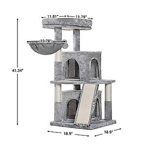 Hey-bro 41.34 inches Cat Tree with Scratching Board, 2 Luxury Condos, Cat Tower with Padded Plush Perch and Cozy Basket, Light Gray MPJ004W