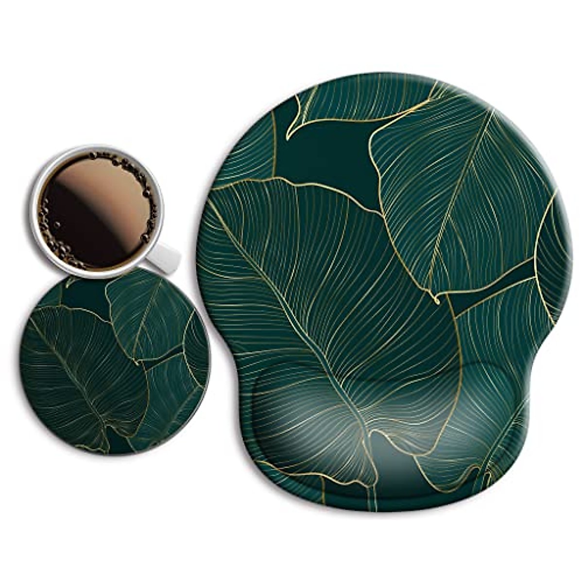 Ergonomic Mouse Pad with Wrist Support Rest,[ 20% Larger] Mousepad Gel Wrist Rest, with Coaster Non-Slip & Pain Relief for Computer, Desk, Home&Office-Leaves 2