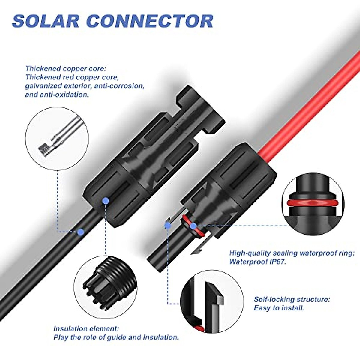 SUNSUL 5 Feet 10AWG(6mm²) Solar Panel Wire, 10 Gauge 5FT Black & 5FT Red Tinned Copper Extension Cable Kits with Female and Male Connector for RV Home Boat and Any Other Off-Grid Applications