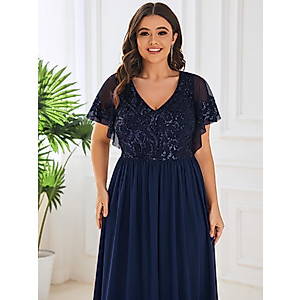 Ever-Pretty Plus Womens Plus Size Backless Ruffles Sleeves Sequin Appliques Maxi Chiffon Formal Evening Dress Navy Blue US26