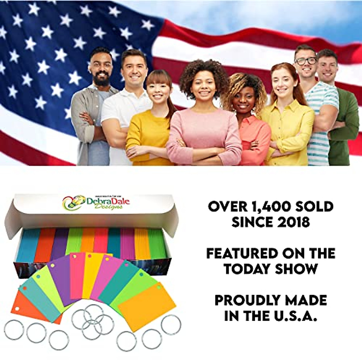 Debra Dale Designs Made in USA 900 Blank Hole Punched Pocket-Size Flash Cards 2" x 3-1/2" 10 Bright Colors 10 Metal Book Rings Standard 65# Card Stock