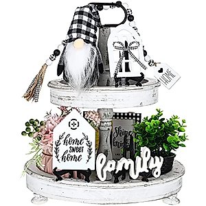 10 Pcs Farmhouse Tiered Tray Decor Farmhouse Kitchen Deocr Gnome Tiered Tray Decor Wood Home Decor with String Lights Mini Rustic Table Ornaments Decor Beaded Garland for Kitchen Shelf (Classic Style)
