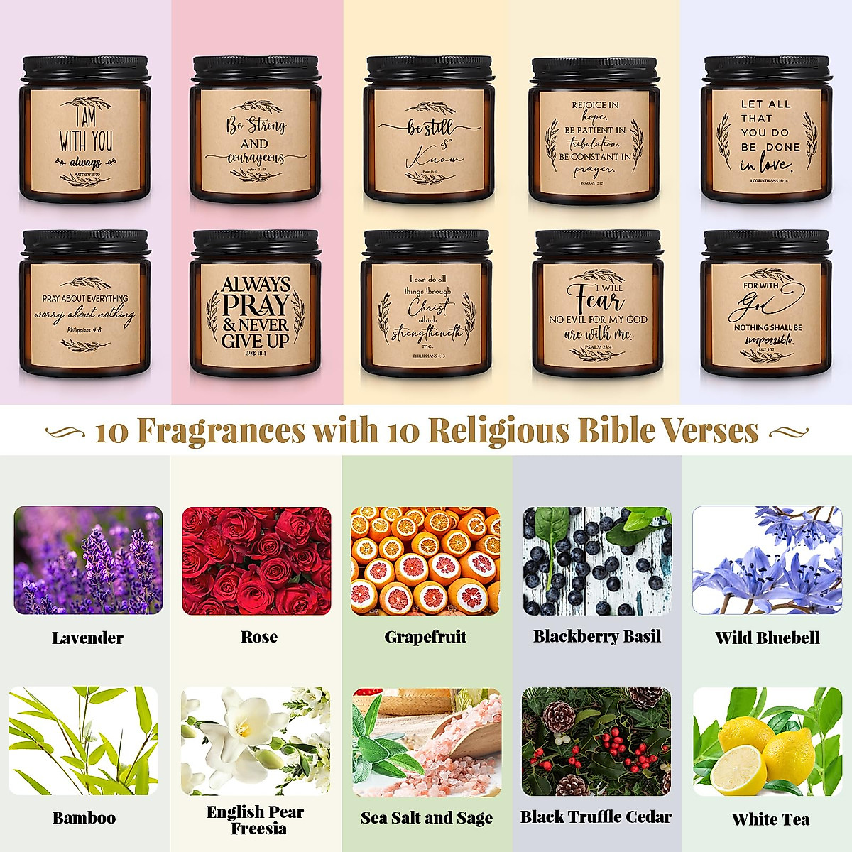 10 Jars Christian Religious Scented Candle Gift Women Set 3.5 oz Bulk Catholic Bible Verses Thank You Gift for Women Faith Friends Teacher Employee Motivational Inspirational Coworkers Gifts(Brown)