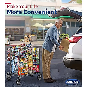 Shopping Cart，Jumbo 460 lbs Capacity Grocery Cart Heavy Duty Utility Cart w/Upgraded 360° Rolling Swivel Wheels & Double Basket Folding Shopping Cart for Transport Groceries, Luggage, Laundry, Condo