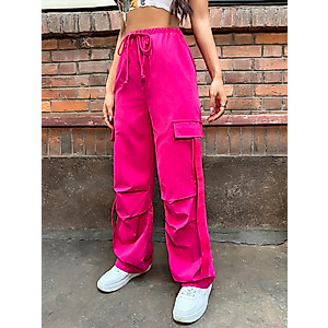 SweatyRocks Women's Casual Drawstring Waist Solid Cargo Pants High Waist Long Pants with Flap Pockets Hot Pink S