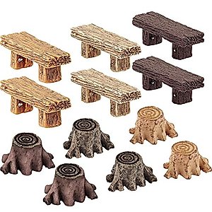 12 Pieces Miniature Fairy Garden Ornaments, Includes 6 Pieces Retro Wooden Style Benches, 6 Pieces Artificial Mini Root Stump for Moss Terrariums Landscape Dollhouse Accessories Decorations