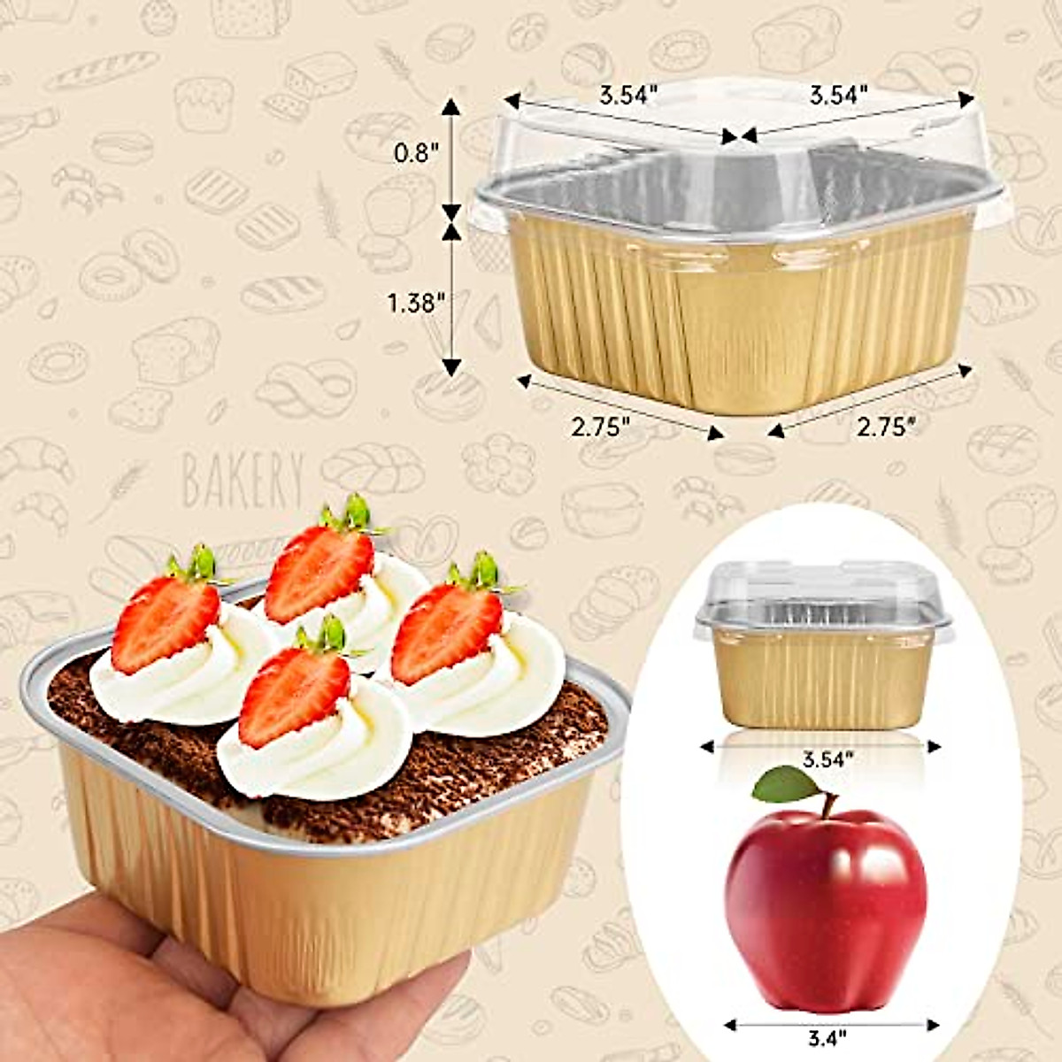 50 Pcs Mini Square Baking Cups with Lids,5oz Aluminum Foil Mini Cake Pans with Lids,Disposable Ramekins Cake Pans,150ml Dessert Cups Cupcake Pans for Wedding Birthday Party,Gold