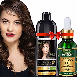Herbishh Hair Dye Color Shampoo, 500ml Dark Brown, Argan Oil for Hair 30ml - Strengthening Combo for Frizz Control & Damage Repair