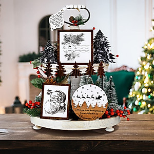 11 Pcs Christmas Tiered Tray Decor Set Wood Christmas Table Decor Farmhouse Trees Santa Claus Reindeer Pine Cone Wooden Tabletop Signs for Xmas Home Party