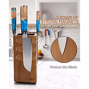 KUCHEASY Magnetic Knife Block 360° Rotating Wood Universal Knife Holder with Four Side Ultra Strong Magnets, Knife Storage Rack with Removable Bristles, Multifunctional Storage for Kitchen Counter Top