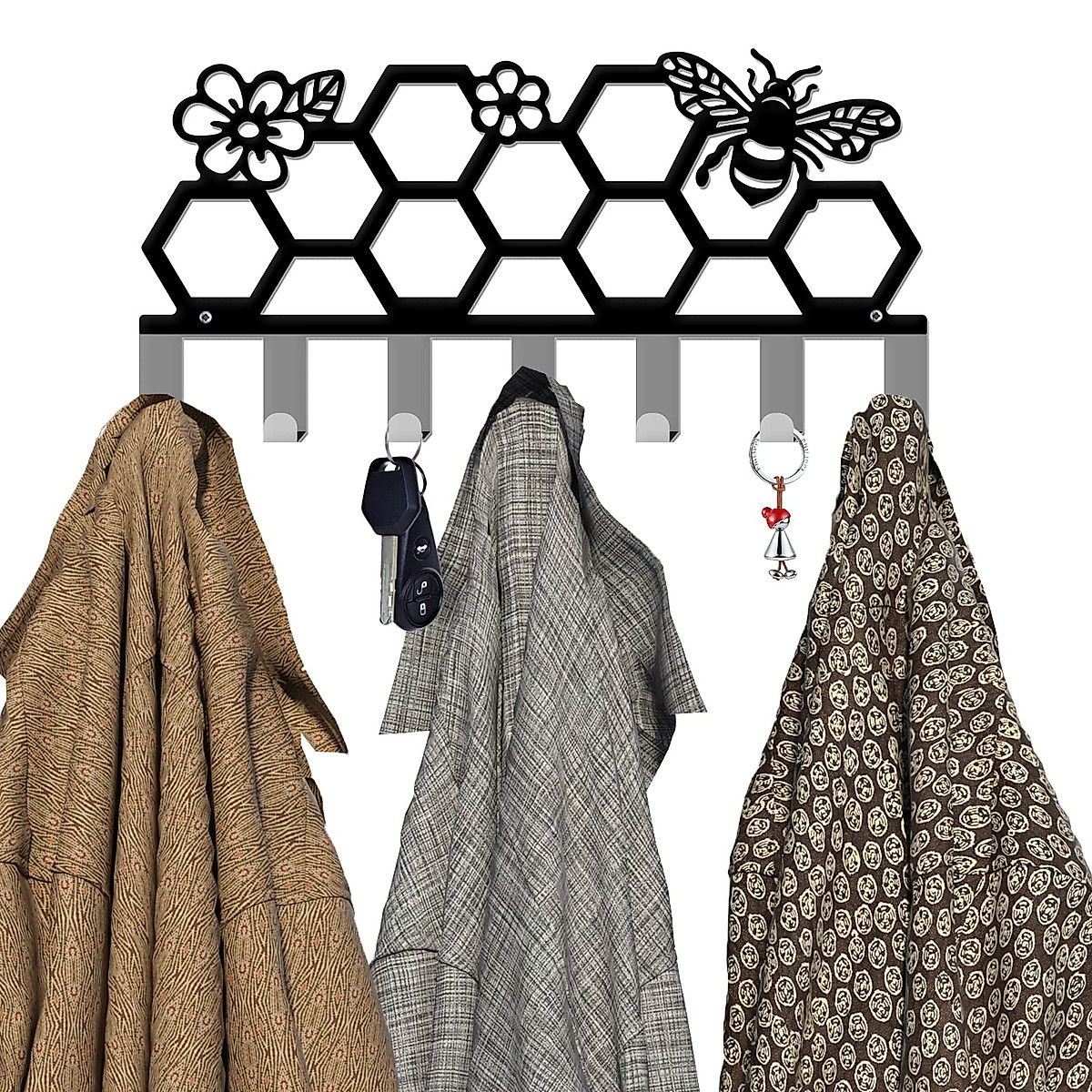 INFUNLY Key Holder for Wall Hive and Bees Pattern Wall Mounted Hooks Decorative Black Metal Organizer Rack with 7 Hooks for Bag Clothes Key Hanging Wall Decoration Bee with Honeycomb Art Wall Decor