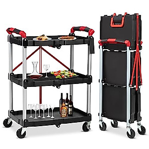 Collapsible Service Cart,3-Tier Portable Cart/Detailing Cart/Utility Carts with 2 Lockable Wheels Use for Home/Commercial/Office/Warehouse,Black, 56 Lb. Load Capacity Per Shelf