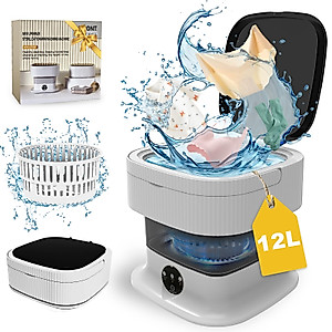 Portable Washing Machine, 12L Large Capacity & 60W, Foldable Mini Washer and Dryer, Compact Folding Small Laundry Washer, Socks, Baby Clothes, Underwear, Towel, Dorm, Camping, Apartment, Travel, Grey
