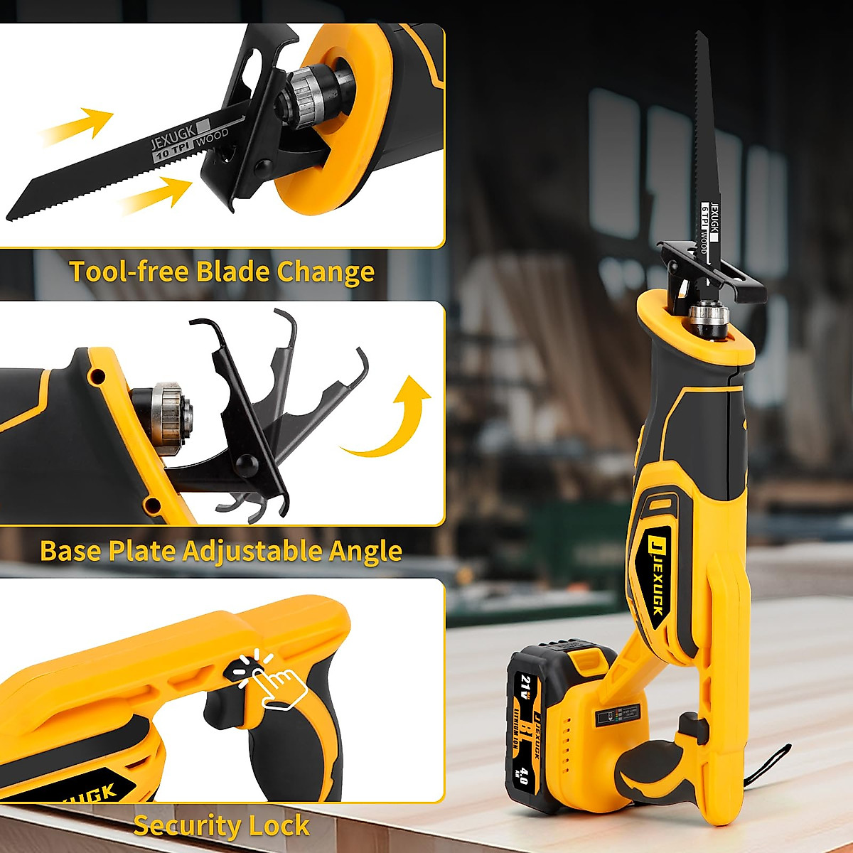 JEXUGK Brushless Reciprocating Saw Cordless, 21V Max 3500 SPM Rechargeable Saw, 2 x 4.0Ah Battery, 12 Saw Blades & Fast Charger, Variable Speed Reciprocating Saws for Woods/Metal/Plastic Cutting