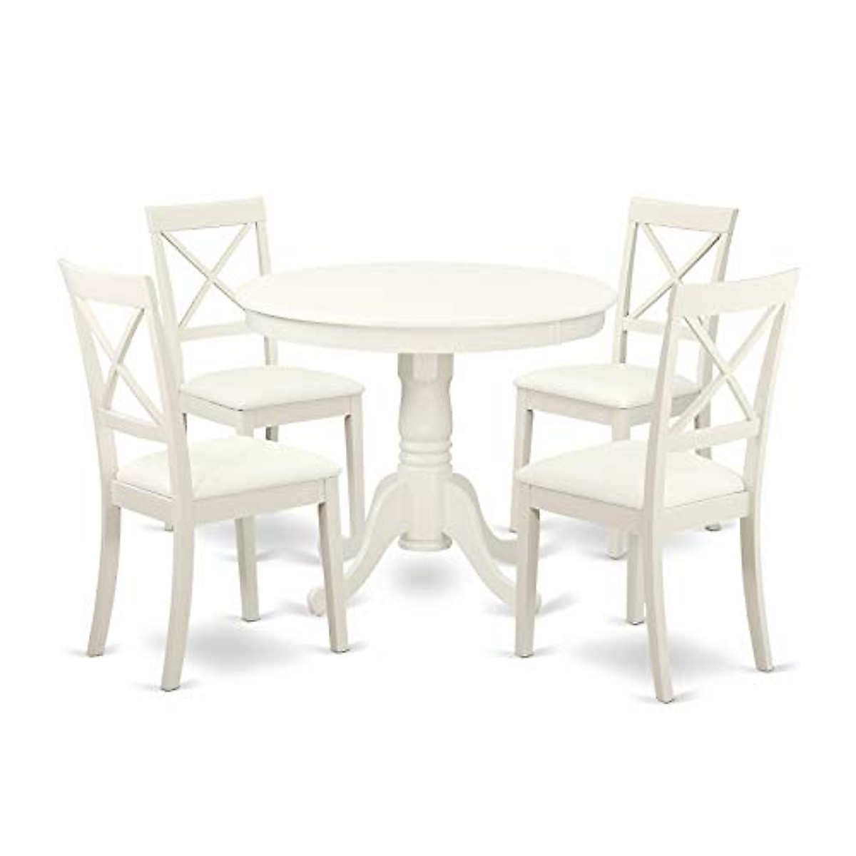 East West Furniture Antique 5 Piece Kitchen Set for 4 Includes a Round Table with Pedestal and 4 Faux Leather Dining Room Chairs, 36x36 Inch, Linen White