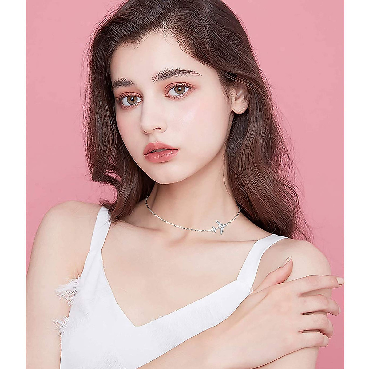 Airplane Sideways Choker Necklace S925 Sterling Silver Aircraft Jelwery Adjustable Chain 15+3 Inch for Women Lady, Best Gifts for Stewardess Flight Attendants (Choker)