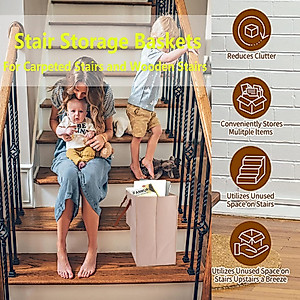 Lawnrden Stair Basket,L-Shape Felt Staircase Basket Leather Handles,Foldable Step Basket,Stair Baskets for Carpeted Stairs, Wooden Stairs - 16.5x16.5x9.8