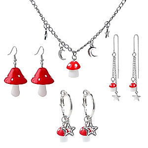 Star Moon Mushroom Necklace Earrings Set,Simulation Acrylic Red Mushroom Drop Earrings for Girls,Long Tassel Mushroom Shape Dangle Earrings for Women (4pair)