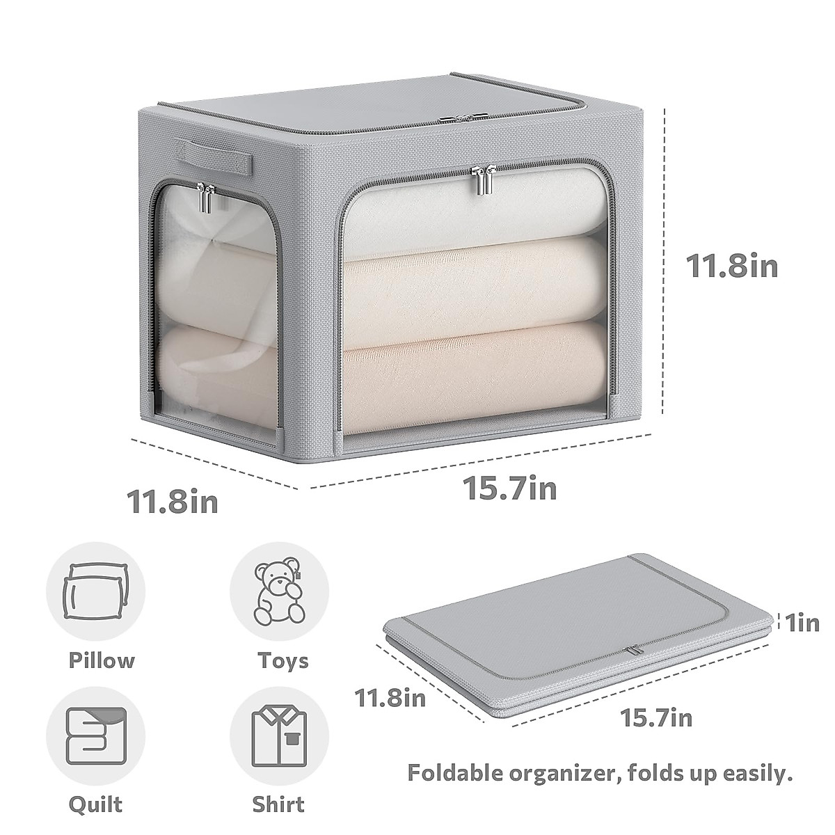 3Pack Clothes Storage Bins - Oxford Frame Storage Box Foldable Stackable Storage Organizer with 3 Openings Design, Metal Frame, Clear Window, Carry Handles (36L-15.7 * 11.8 * 11.8in, Grey)