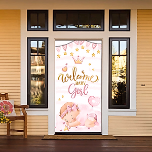 INNORU Welcome Baby Girl Door Banner Decor, Gender Reveal Party Decor, Baby Shower, Girl Theme Birthday Party Photo Booth Backdrop Background Supplies