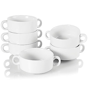 Foraineam Porcelain Bowls with Double Handles 10 Ounce White French Onion Soup Crocks Round Stackable Bowls for Soup, Cereal, Oatmeal, Set of 6