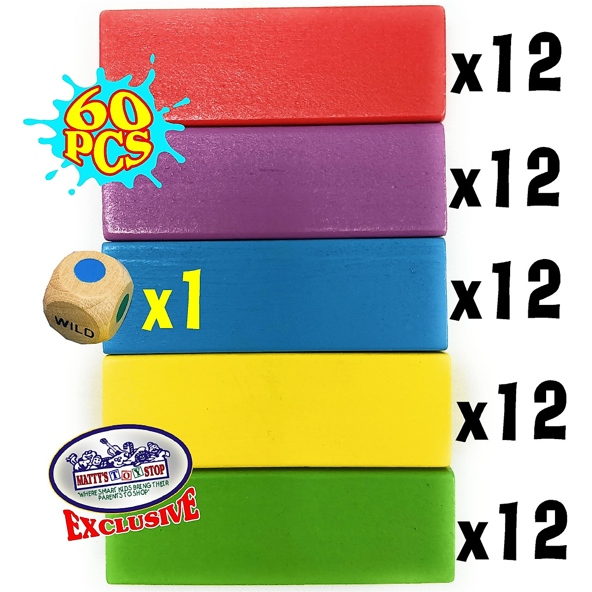 Matty's Mix-Up 60pc Large Colorful Wooden Tumble Tower Deluxe Stacking Game with Storage Bag