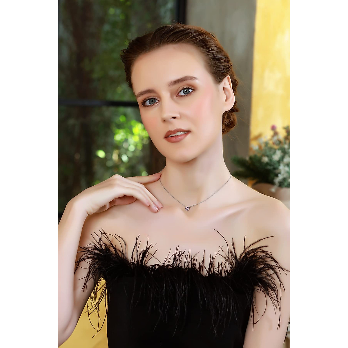 B. BRILLIANT Silver Necklace for Valentines Day 925 Sterling Purple Amethyst Dainty Short Heart Choker Necklaces for Women Bridesmaids Prom