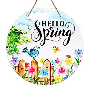 WhatSign Hello Spring Door Decorations Sign Flowers with Bird Welcome Spring Door Signs Farmhouse Spring Door Wreath Hello Spring Sign for Home Front Door Wall Proch Indoor Outdoor Spring Decorations