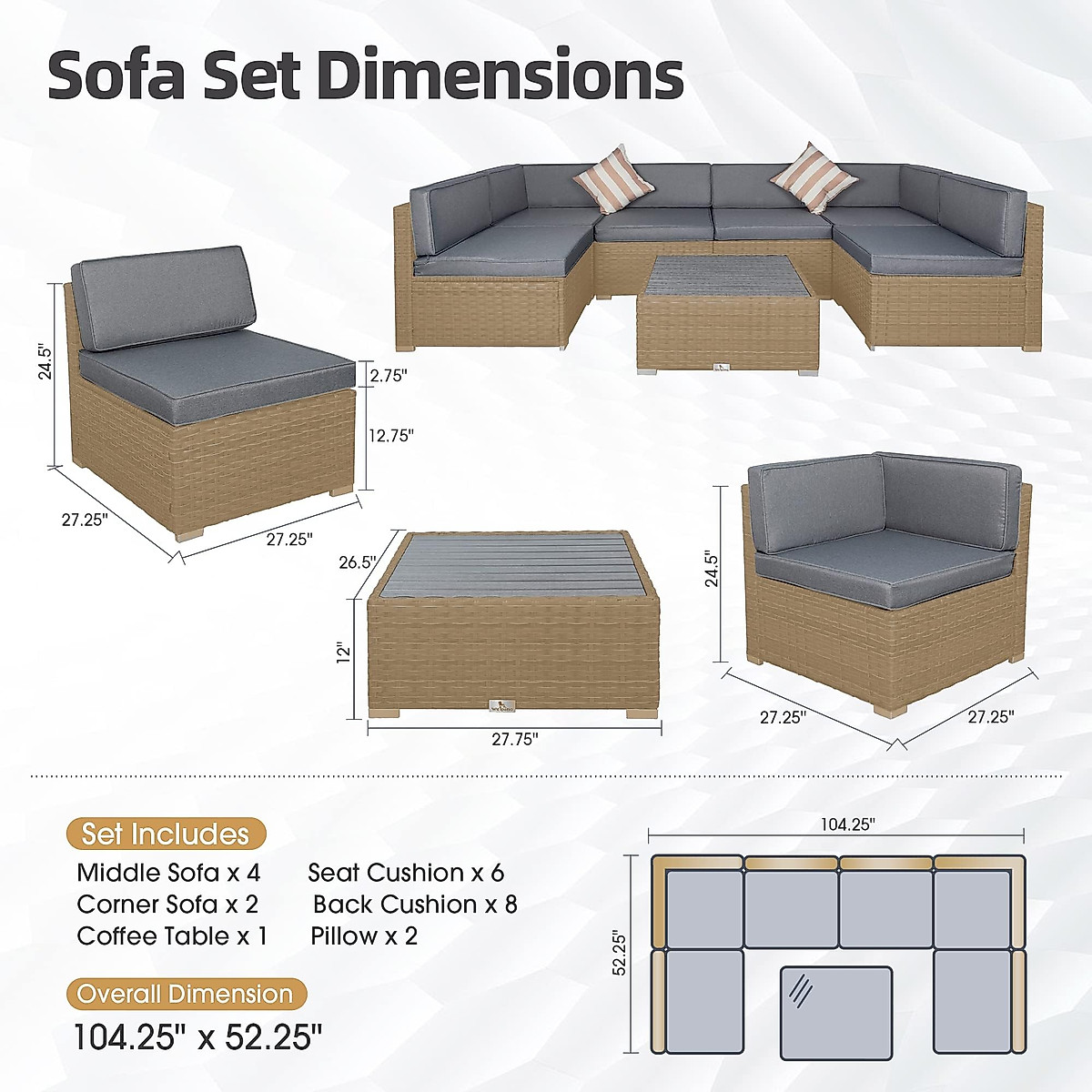 Welpatio 7 Piece Outdoor Patio Furniture Sets with Cushions, PE Rattan Wicker Outdoor Sectional Furniture Conversation Patio Set with Slat Coffee Table and 2 Pillows, Light Gray/Gray
