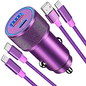 [Apple MFi Certified] iPhone Fast Car Charger, Veetone 48W Dual Port USB-C PD/QC3.0 Power Car Charger Adapter + 2 Pack Lightning Braided Cable Quick Charging for iPhone 14 13 12 11 Pro/XS/XR/SE/X/iPad